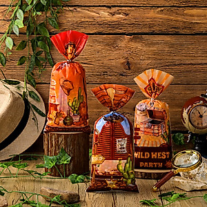 100 PCS Western Cowboy Cellophane Bags Cowboy Party Decorations Wild West Cowboy Gift Treat Bag Goodie Candy Bags with Ties Wild West Cowboy Birthday Party Supplies Favors