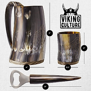 Viking Culture Ox Horn Mug, Shot Glass, and Bottle Opener (3 Pc Set) Authentic 16-oz. Ale, Mead, and Beer Tankard | Vintage Stein with Handle | Custom Intricate Design - Polished Finish | Wolf/Fenrir