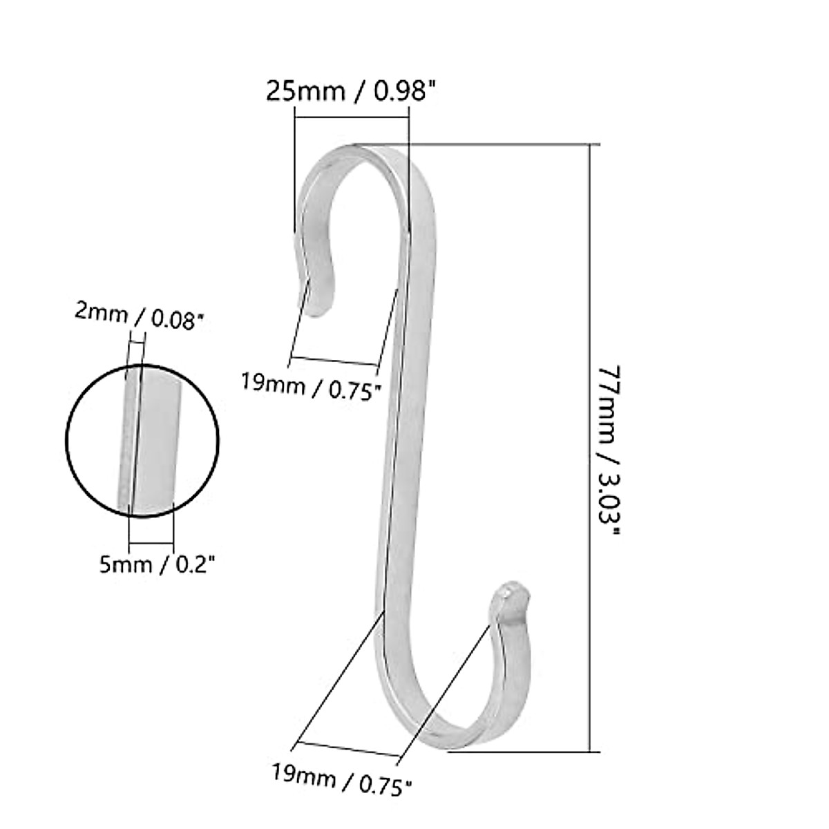 MroMax 304 Stainless Steel S Hooks,77mm/3.03" Silver S Shaped Hook Hangers for Kitchen Bathroom Bedroom Storage Room Office Outdoor Multiple Uses,with Bayonet 4Pcs