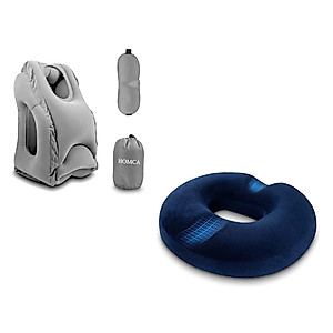 HOMCA Travel Pillow, Portable Head Neck Rest Inflatable Pillow from, Design for Airplanes, Cars, Buses, Trains, Office Napping, Camping - Includes Free Eye mask