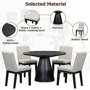 FIQHOME Round Set 5 Piece Retro Style, Wood 4,Kitchen Table and 4 Upholstered Chairs for Living, Dining Room,Black