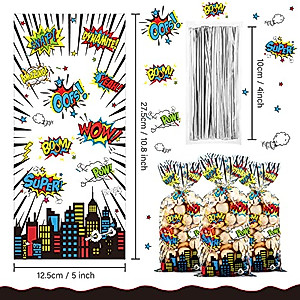 100 Pcs Hero Cellophane Treat Bags, Hero Party Gift Candy Bags, Hero Themed Goodie Favor Bags with 100 Silver Twist Ties for Gift Wrapping Children Birthday Party Baby Shower Decor (White Background)