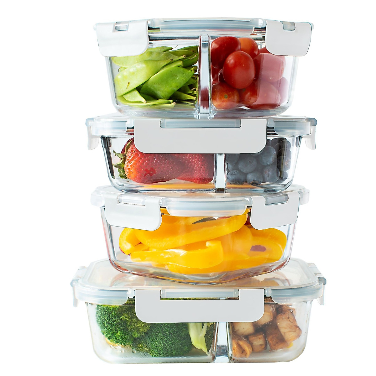 Orii 4 Pack Glass Meal Prep Containers with Lids, 2 or 3 Compartments for Food Storage, BPA-Free, Leak Proof & Airtight (Charcoal Gray Handles)