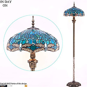 WERFACTORY Tiffany Floor Lamp Dragonfly Green Stained Glass Standing Reading Light 16X16X64 Inches Antique Pole Corner Lamp Decor Bedroom Living Room Home Office S622 Series