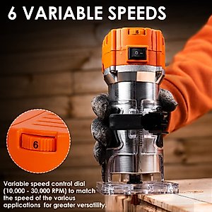 THINKWORK Compact Router, 6.5-Amp 1.25 HP Compact Wood Palm Router Tool, 6 Variable Speeds Wood Trimmer with 15 Pieces 1/4" Router Bits Set, 30000R/MIN