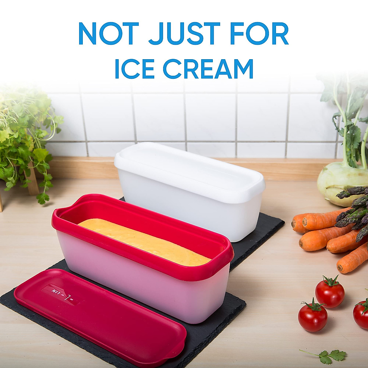 LIN Insulated Ice Cream Containers 2-Pack with Serving Scoop - 1.6 Quart Reusable Rectangle Dessert Storage Tubs for Homemade Ice Cream, 1 Red & 1 White Lid - Non-BPA Plastic - Dishwasher-Safe