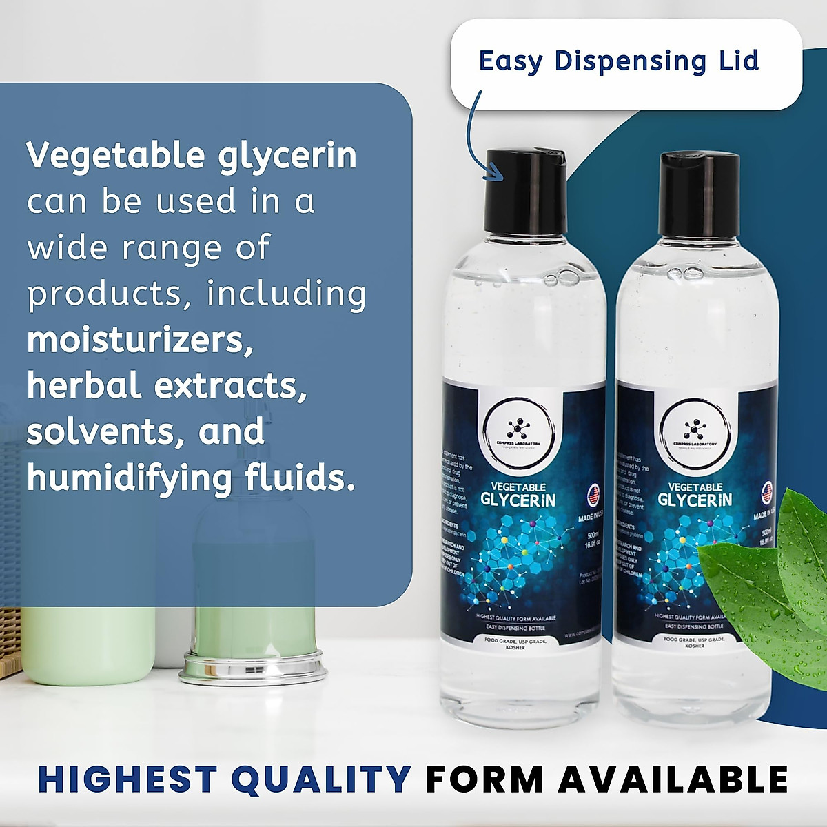 Vegetable Glycerin 2 Pack, Pure VG, USP Kosher Food Grade VG Liquid for Soaps, Lotions, Moisturizers, Solvents, 500mL by Compass Laboratory