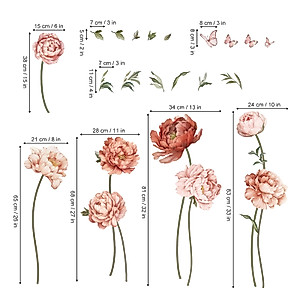wondever Pink Peony Rose Flower Wall Stickers Boho Floral Peel and Stick Wall Art Decals for Girls Bedroom Living Room TV Wall