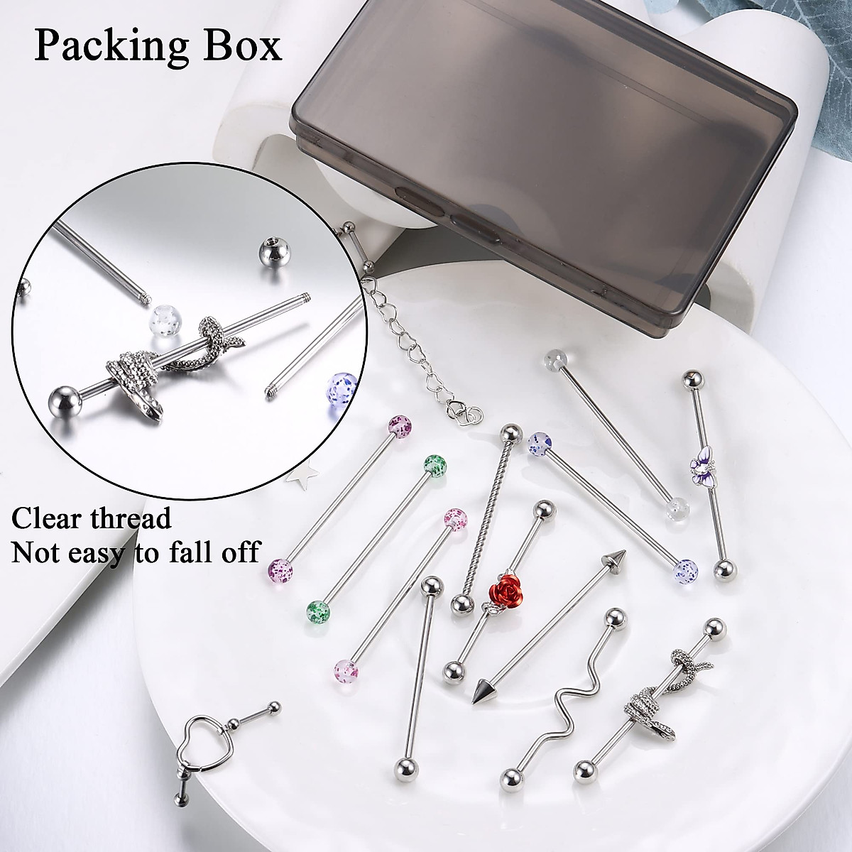 ZELORES 14G Industrial Piercing Jewelry Stainless Steel Industrial Earring for Women Men Snake Chain Dangle Cartilage Helix Piercing Jewelry Industrial Piercing Bar 38MM (Set1)