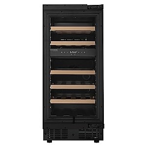 KoolMore KM-CW28DZ-WPR Reserve 15 in. Under-Counter Panel Ready Dual Zone Built-in Wine Cooler with 23 Bottle Capacity and Wooden Shelves in Black, ETL Listed