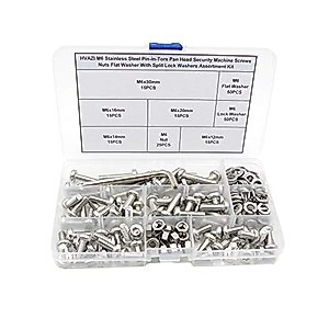 HVAZI M6 Stainless Steel Pin-in-Torx Pan Head Security Machine Screws Nuts Flat Washer with Split Lock Washers Assortment Kit