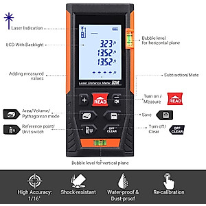 Laser Measure Mute Distance with 2 Bubble Levels, Measure Distance, Area and Volume HD50