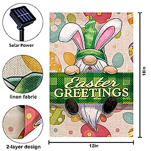 Happy Easter Light Up Garden Flag, Gnomes Solar Easter Greetings Ligthed Flag with Flagpole Spring Outside Yard Outdoor Home Decoration 12×18 Inch