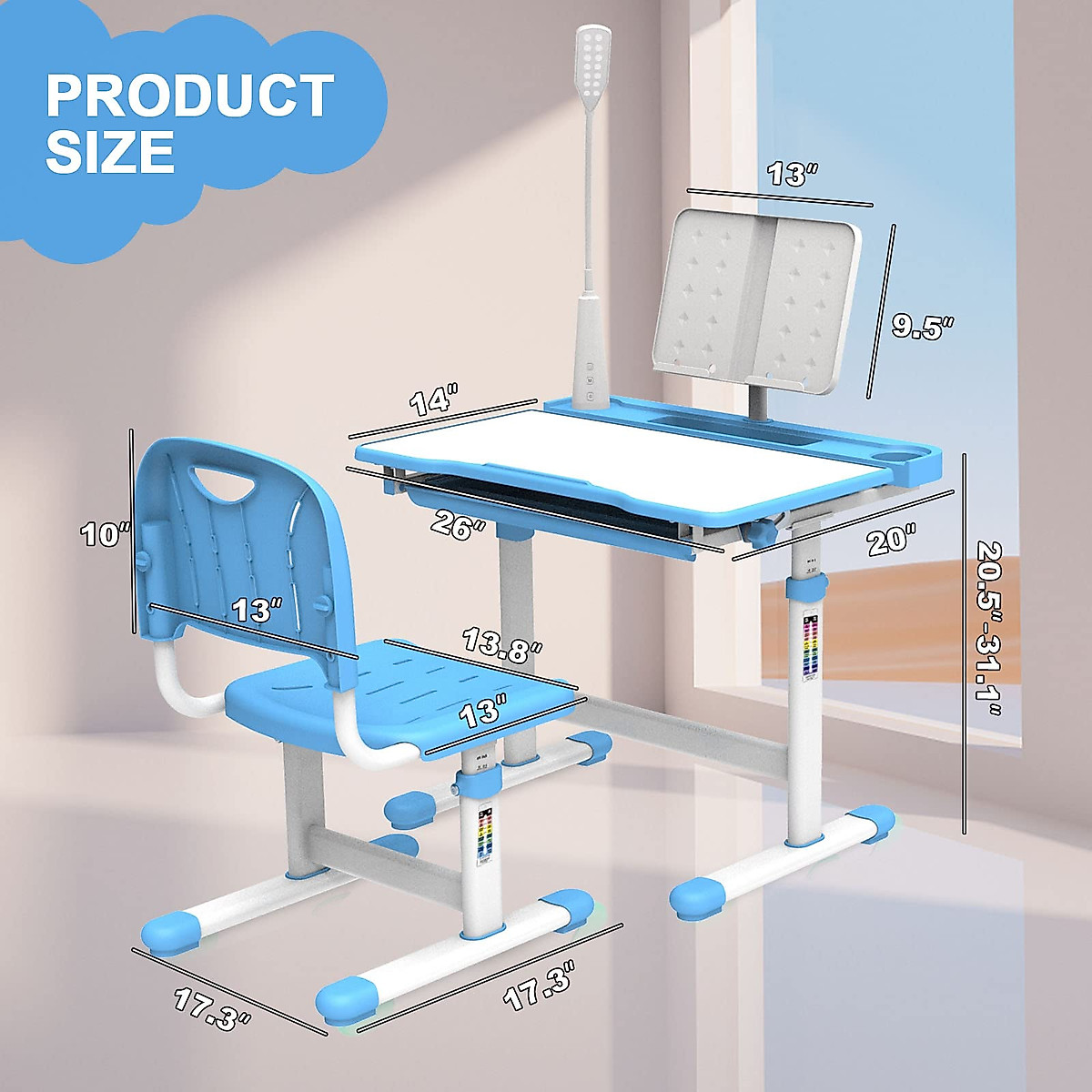 BELANITAS Kids Desk and Chair Set 10-12 Years Old Height Adjustable School Desk,Ergonomic Student Table for Kids with Tilt-able Desktop,Kids Study Desk for Go Back School Gift Blue