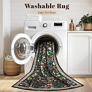 Area Rug Living Room Rugs: 5X7 Washable Large Floral Low Pile Rug Non Slip Backing Indoor Floor Throw Carpet for Bedroom Kitchen Dining Room Playroom Office, Black