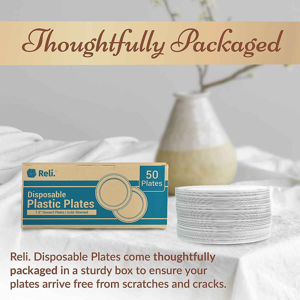 Reli. 50 Pcs Plastic Dessert Plates, Disposable (7.5 inch, White w/Gold Rim) | Small Plates for Party, Heavy Duty | Hard Plastic, for Dessert, Wedding, Birthday, Salad/Appetizer (7.5")