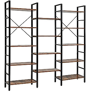 Giantex Triple 5-Tier Industrial Bookshelf- Freestanding Metal Frame Ladder Bookcase with 14 Open Shelves, Wooden Large Display Open Shelving for Living Room Home Office Study, Rustic Brown