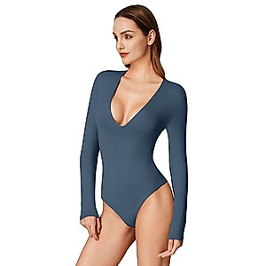 REORIA Womens Sexy Casual One Piece Bodysuit Jumpsuit Y2k Fashion Deep V Neck Long Sleeve Bodycon Tops Star Blue XX-Large