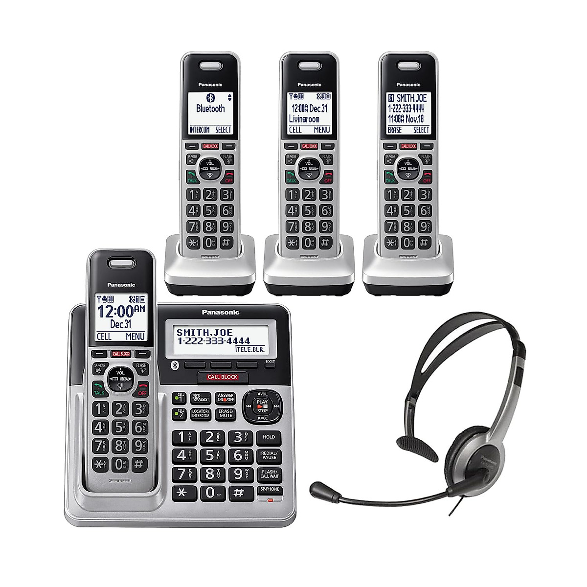 Panasonic Cordless Phone with Headset Bundle - KX-TG994SK 4-handset DECT 6.0 Phone with KX-TCA430 Comfort-Fit Corded Headset (Renewed)