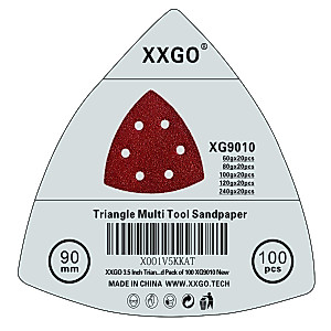 XXGO 3-1/2 Inch 90mm Triangular 60/80 /100/120 /240 Grits Hook & Loop Multitool Sandpaper Contains 20 of Each Fit 3.5 Inch Triangular Oscillating Multi Tool Sanding Pads Pack of 100 XG9010