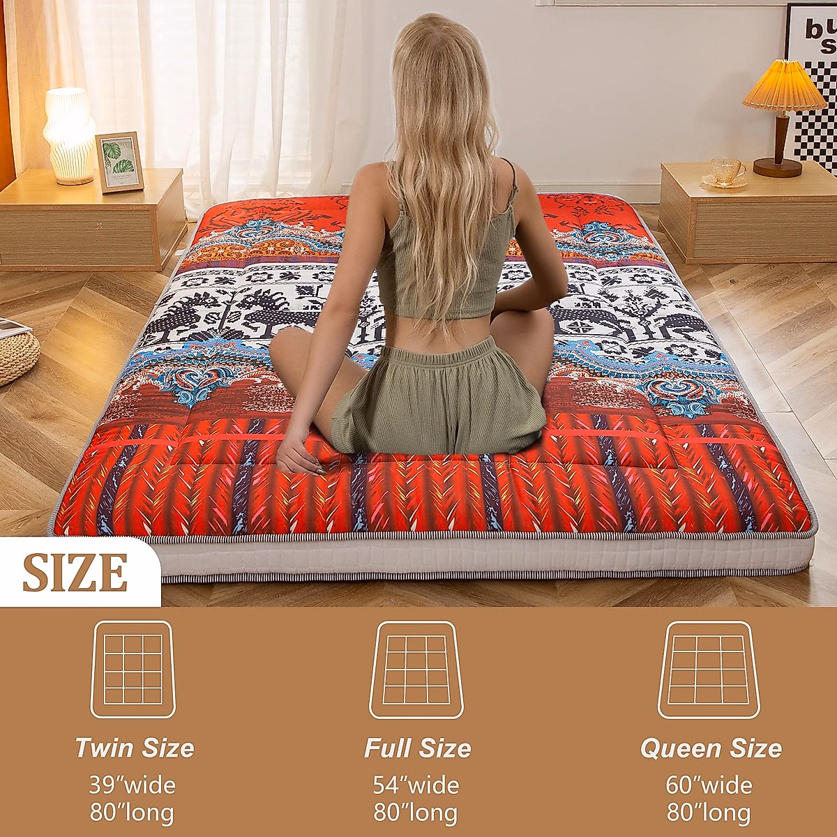 HIGOGOGO Japanese Floor Futon Mattress for Adults, Roll Up Sleeper Sofa Bed Mattress Replacement, Foldable Floor Bed Shikibuton Sleeping Pad, Pull Out Couch Mattress for Guest, Kids, Bohemian, Full