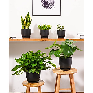 homenote Plastic Planter 7/6/5.5/4.8/4.5 Inch Flower Pot Indoor Modern Decorative Plastic Pots for Plants with Drainage Hole and Tray for All House Plants, Succulents, Flowers, and Cactus, Black