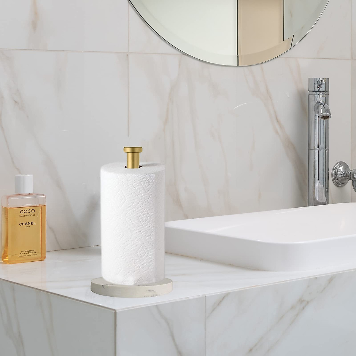 Paper Towel Holder Countertop, Standing Paper Towel Roll Holder for Kitchen Bathroom, with Weighted Marble Base for One-Handed Operation (Gold), Gold Paper Towel Holder, Marble Paper Towel Holder.…