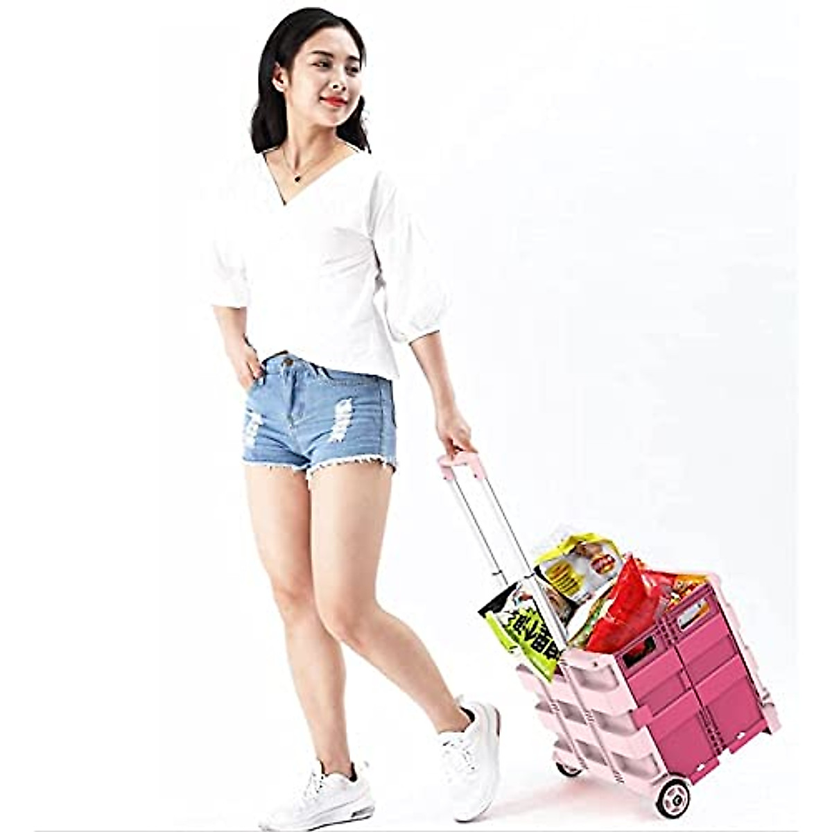 KOHARA Carts,Shopping Cart Shopping Trolley Foldable Utility Cart Collapsible Shopping Cart with Telescoping Handle for Shopping Luggage Office Utility Cart/Pink/16.1 * 15 * 16.1 Inches