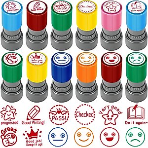 12 Pack Sorted Teacher Stamp Self-Inking Rubber Stamps Picture Stamps for Teachers Motivation Stamps Teacher Review Photosensitive Stamps Behavior Stamps for Kids Students School Classroom Homework