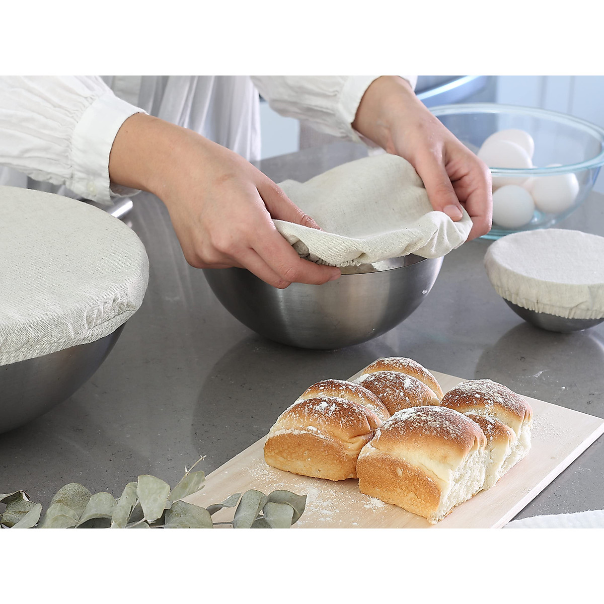 Reusable Fabric Bowl Covers for Bread Proofing - 4 Pieces, Washable and All-Natural 100% Cotton Cloth Bowl Covers for Bread Rising - Elastic Closure Fits Multiple Bowl Sizes (Off-White)