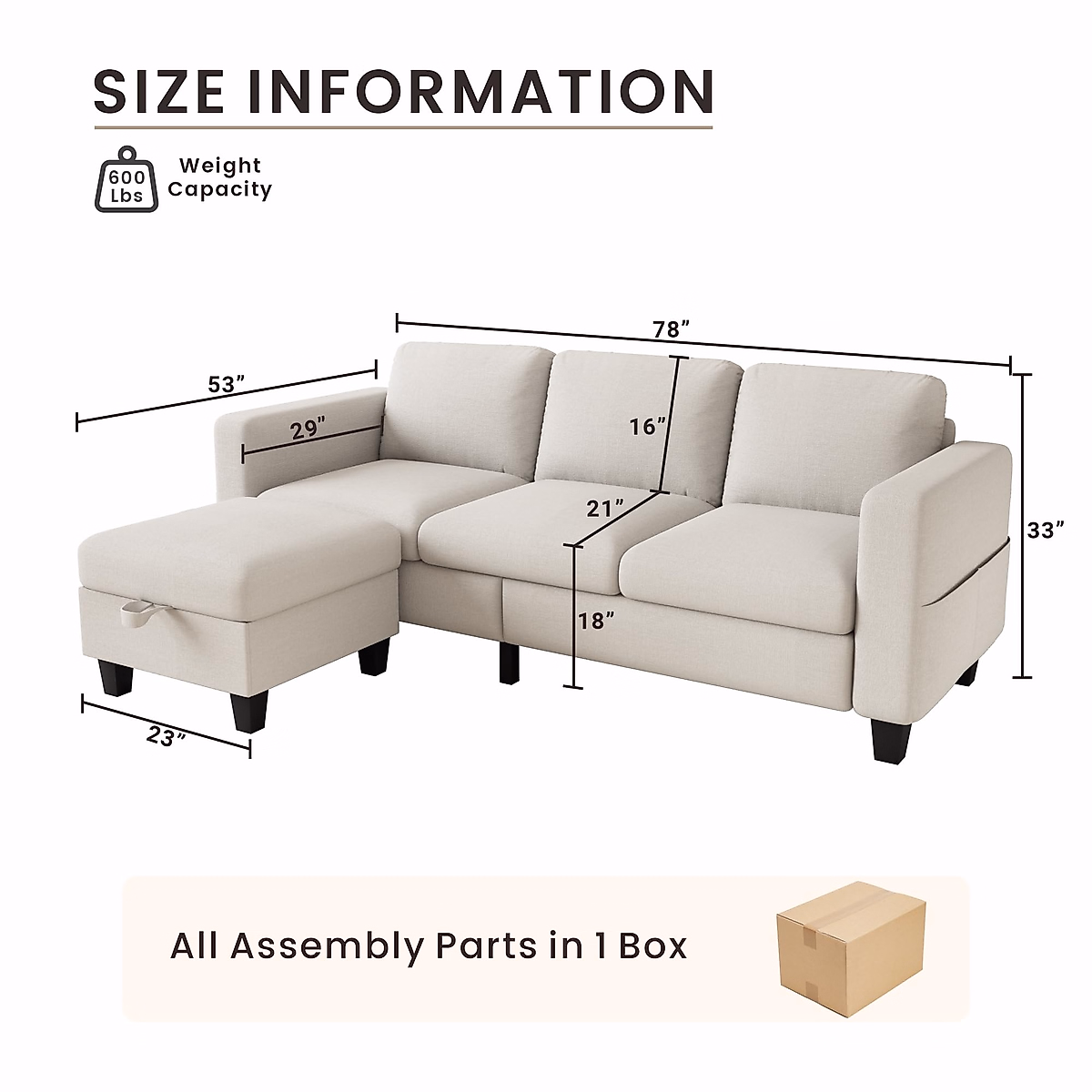 Small Sectional Couch, 78" L Shaped Sofa 3 Seat Modern Couch with Storage Ottoman Convertible Couches for Small Space, Living Room, Bedroom, Apartment and Office - Beige