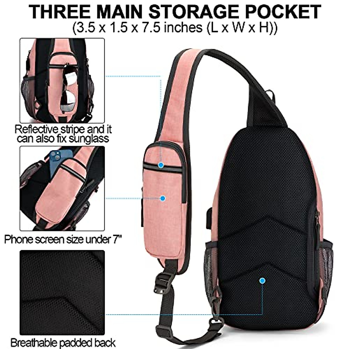 Lumesner Sling Bag Crossbody Sling Backpack with USB Charging Port,Water Resistant Shoulder Bag for Men Women,Lightweight One Strap Backpack Chest bag for Hiking,Cycling,Biking