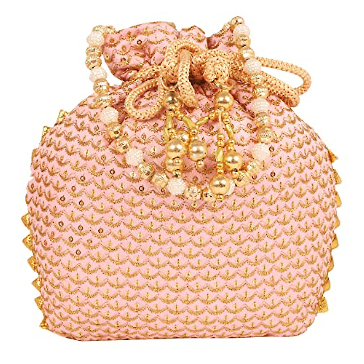 Indtresor beaded handcrafted brocade evening purse drawstring handbag vintage party wedding gift for women. Light Pink Gold