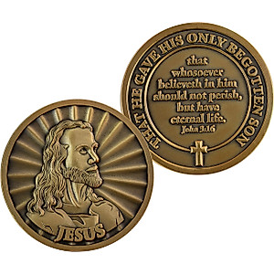Jesus Coin, Bulk Pack of 10, Head of Christ by Warner Sallman Challenge Coin, Easter Handout, KJV Bible Verse Prayer Token, Antique Gold Plated Catholic and Christian Religious Jesus Picture Coin