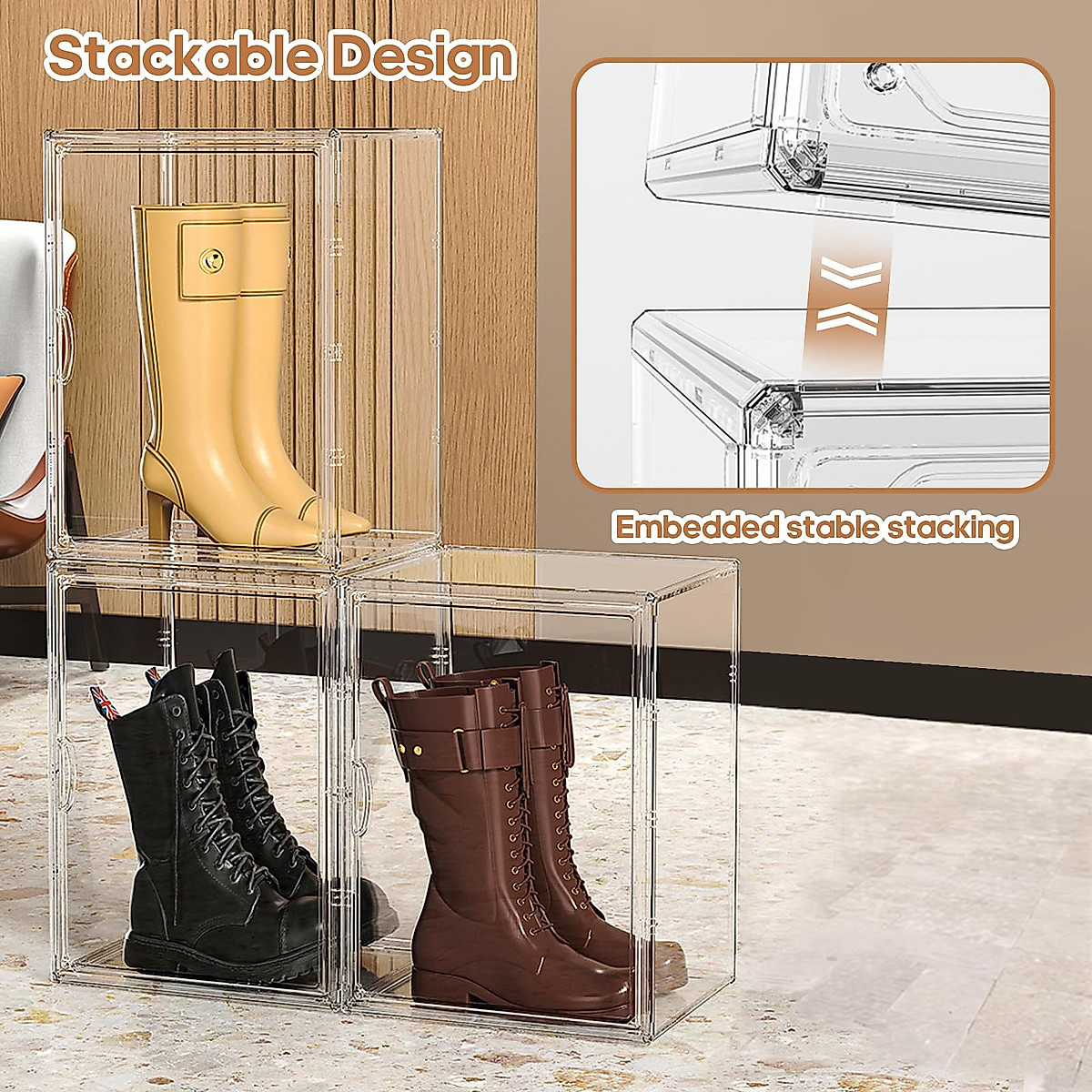 Shoe Boxes Large Clear Stackable with Magnetic Door Storage for Sneaker Boot Container with an Adjustable Divider, Big Display Storage Box with Lids (3 Pack)