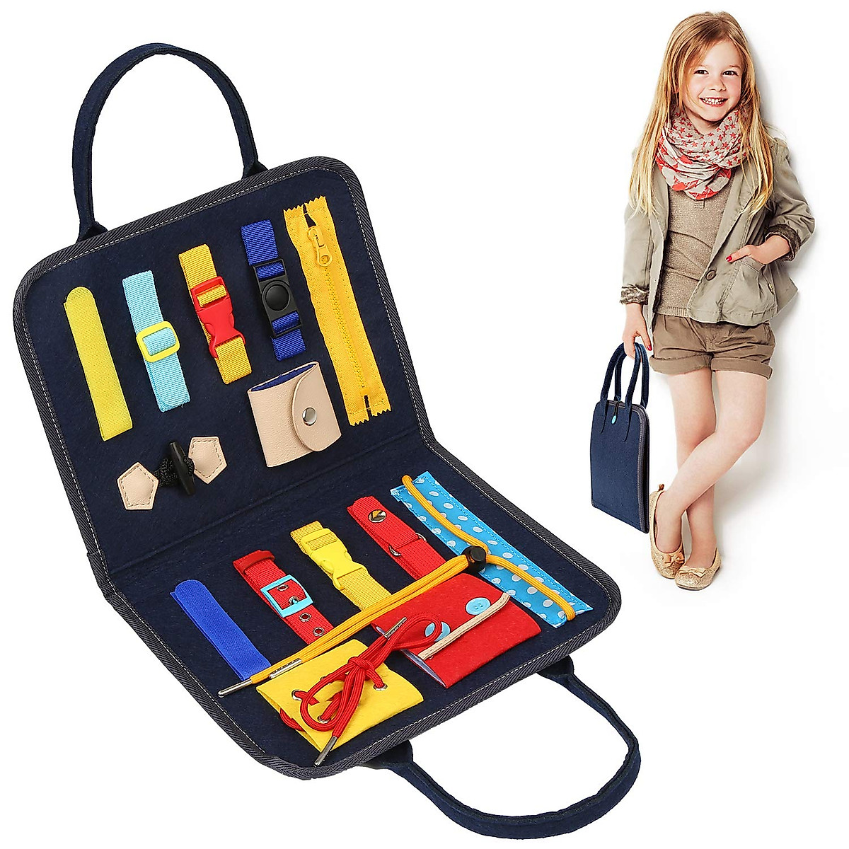 FBve Toddler Busy Board, Montessori Basic Skills Activity Board for Fine Motor Skills & Learn to Dress - Educational Learning Toys for Toddlers - Sensory Toy for Airplane or Car Travel