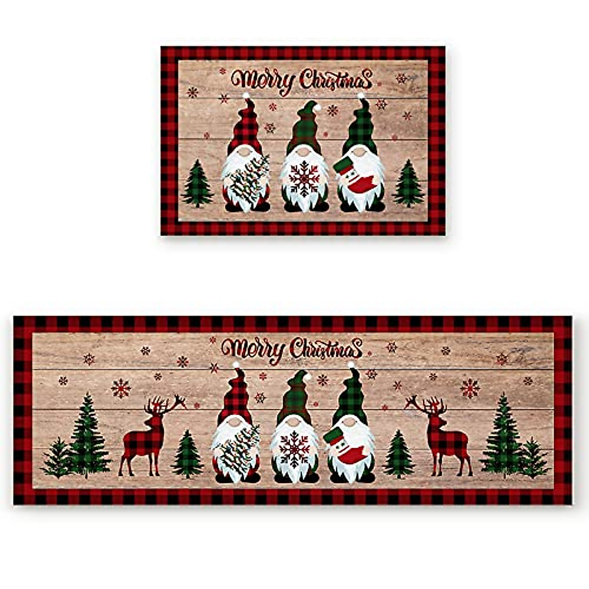2 Piece Gnome Kitchen Rug Set Merry Christmas Indoor Floor Mats for Winter, Xmas Door Mat Runner Rug Carpet Mat for Kitchen Home Decor (15.7" x 23.6"+15.7" x 47.2") - Snowflake Tree Retro Wooden Board