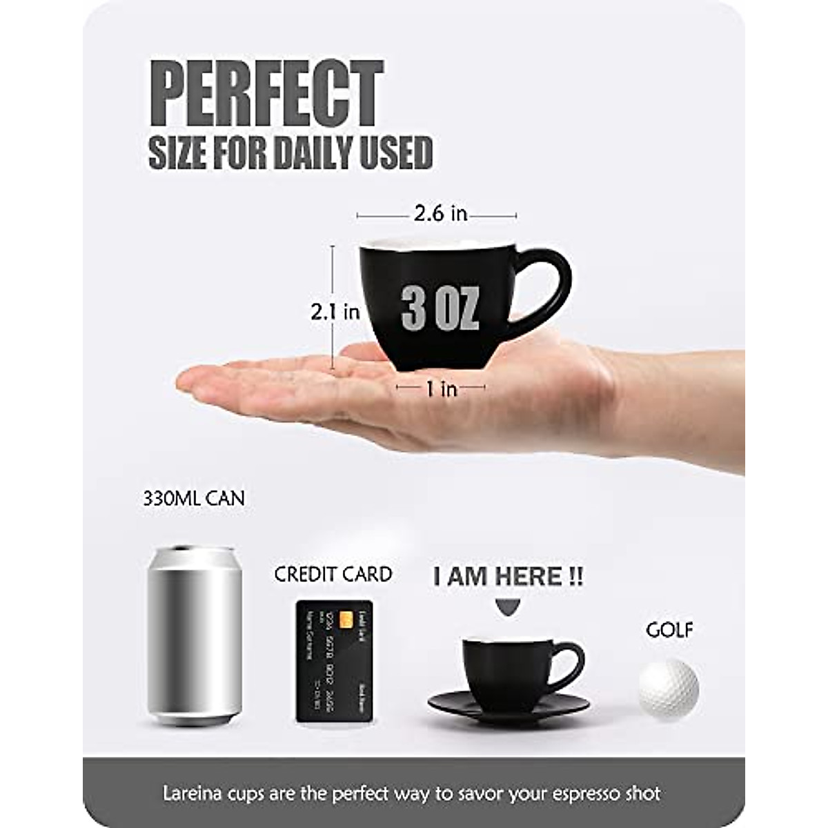 Lareina Espresso Cups with Saucers, Spoons and Metal holder, 3 oz Porcelain Demitasse Cups Set of 6, Small Coffee Cups with Handle for Nespresso Lungo, Espresso, Cortado and Tea, Black