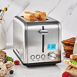 Toaster 2 Slice, REDMOND Stainless Steel Toaster with LED Countdown Timer Display, 1.5" Wide Slot Compact Toaster with Bagel/Defrost/Cancel Function, 6 Shade Control, Removable Crumb Tray, Silver
