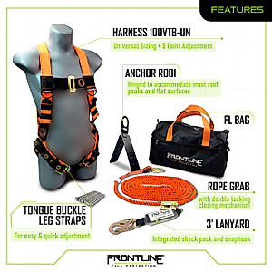 Frontline RK5PTB50 Combat™ Complete Roofers Kit with 50' Lifeline | Combat Economy Series Full Body Harness (Size: Universal) | Hinged Reusable Roof Anchor | OSHA & ANSI Compliant