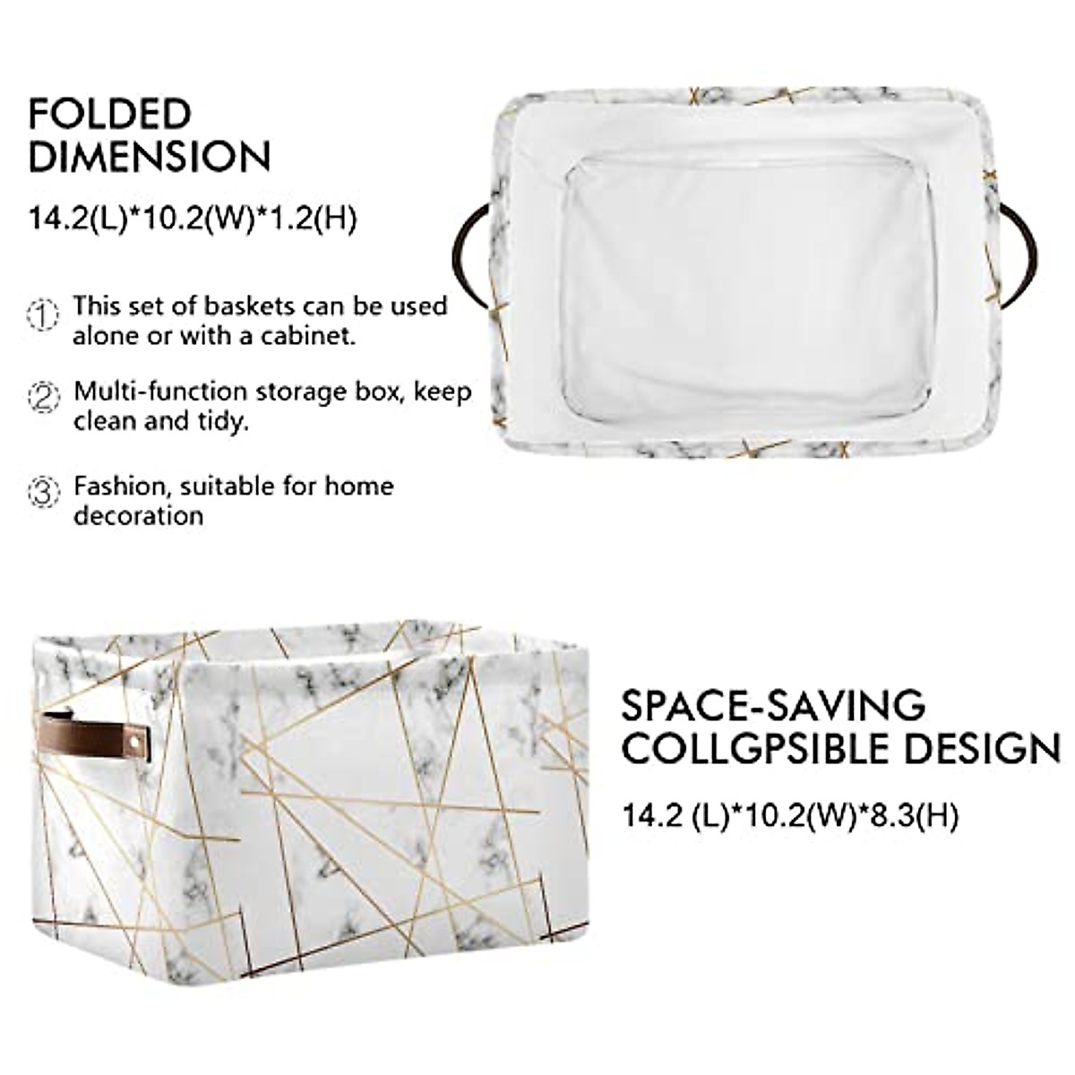 ALAZA Marble Texture Liner Foldable Storage Box Storage Basket Organizer Bins with Handles for Shelf Closet Living Room Bedroom Home Office 2 Pack