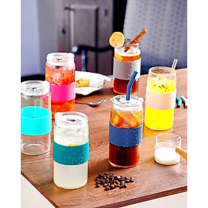 ColoVie 20oz Mixed Drinking Glasses with 6 Colors, Thicken Reusable Glass Tumblers with Lids and Straws, Removable Silicone Sleeve for Hot or Iced Drinking, Unique Colorful Glass Cups