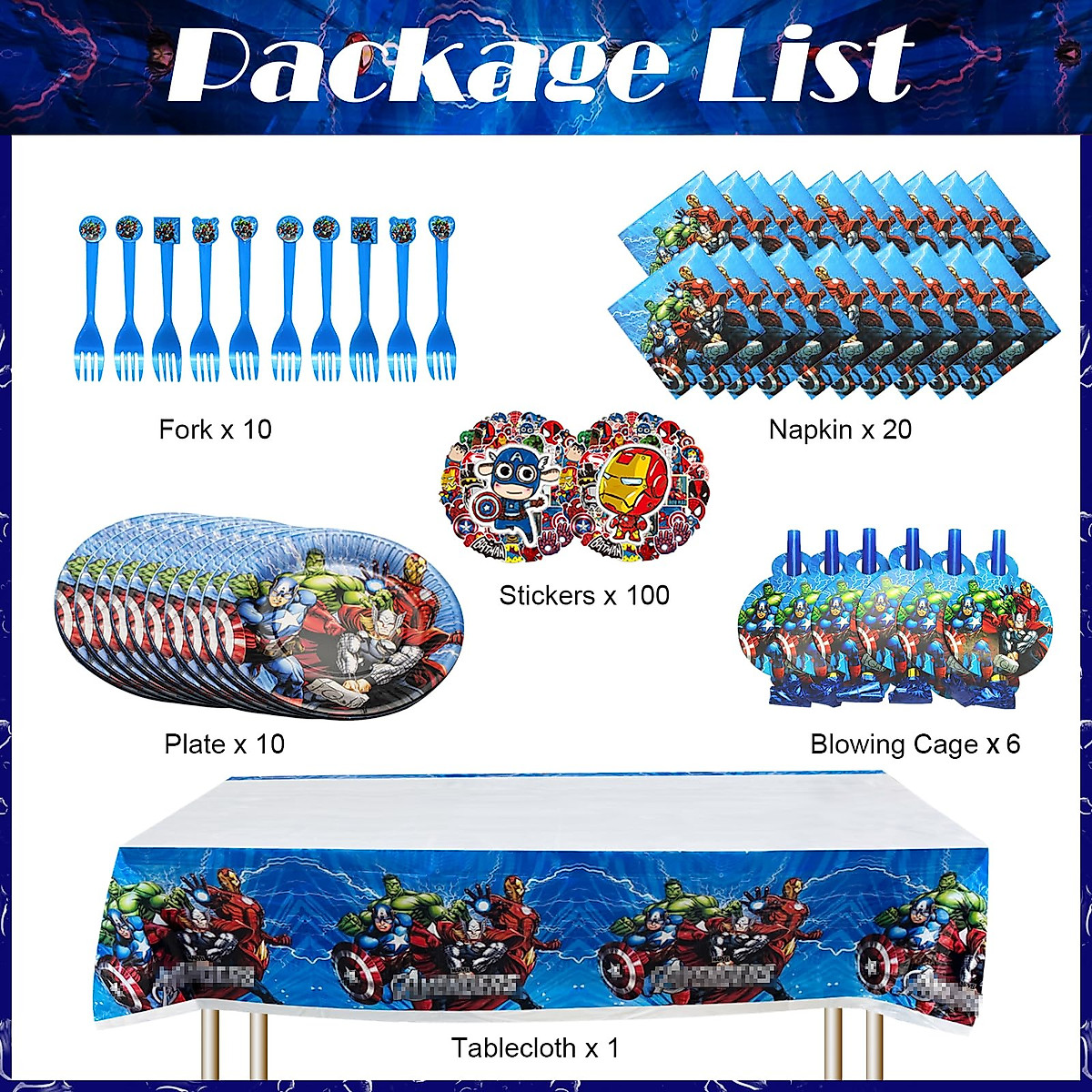 Superhero Party Decorations, Superhero Birthday Party Supplies, Superhero Blue Theme Decorations - Includes Superhero Plates and Napkins, Tablecloths, Banners, Balloons, Stickers.-189 Pcs