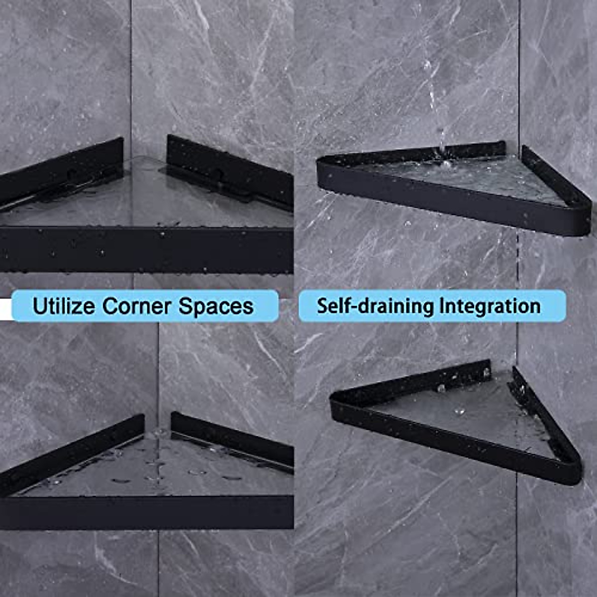 LOREAD 2-Layer Glass Corner Shelf Bathroom Wall Shelf, Tempered Glass Bathroom Floating Shelves Wall-Mounted, Shower Storage Organizer Rack (Black-Triangle)
