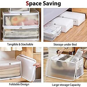 FAOMSEBS Under Bed Storage [Light & No Collapse] Foldable Plastic Storage Box, Healthy & Odorless Material With [Sturdy Handles] Moisture-Proof Bins For Pillow, Coats, Blankets 47L White Translucent