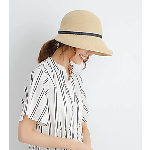 Straw Beach Sun Hat for Women Summer Bucket Hat Elegent Vintage 1920S Packable SPF UV Protection Boho Hat (Beige)