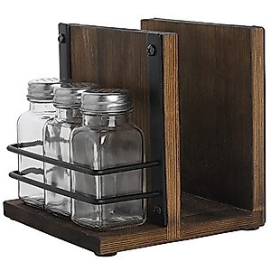 MyGift Rustic Burnt Solid Wood Napkin Holder and Salt & Pepper Caddy, 4 Piece Set Dining Tabletop Napkin Dispenser with Condiment Caddy and 3 Glass Bottle Shakers