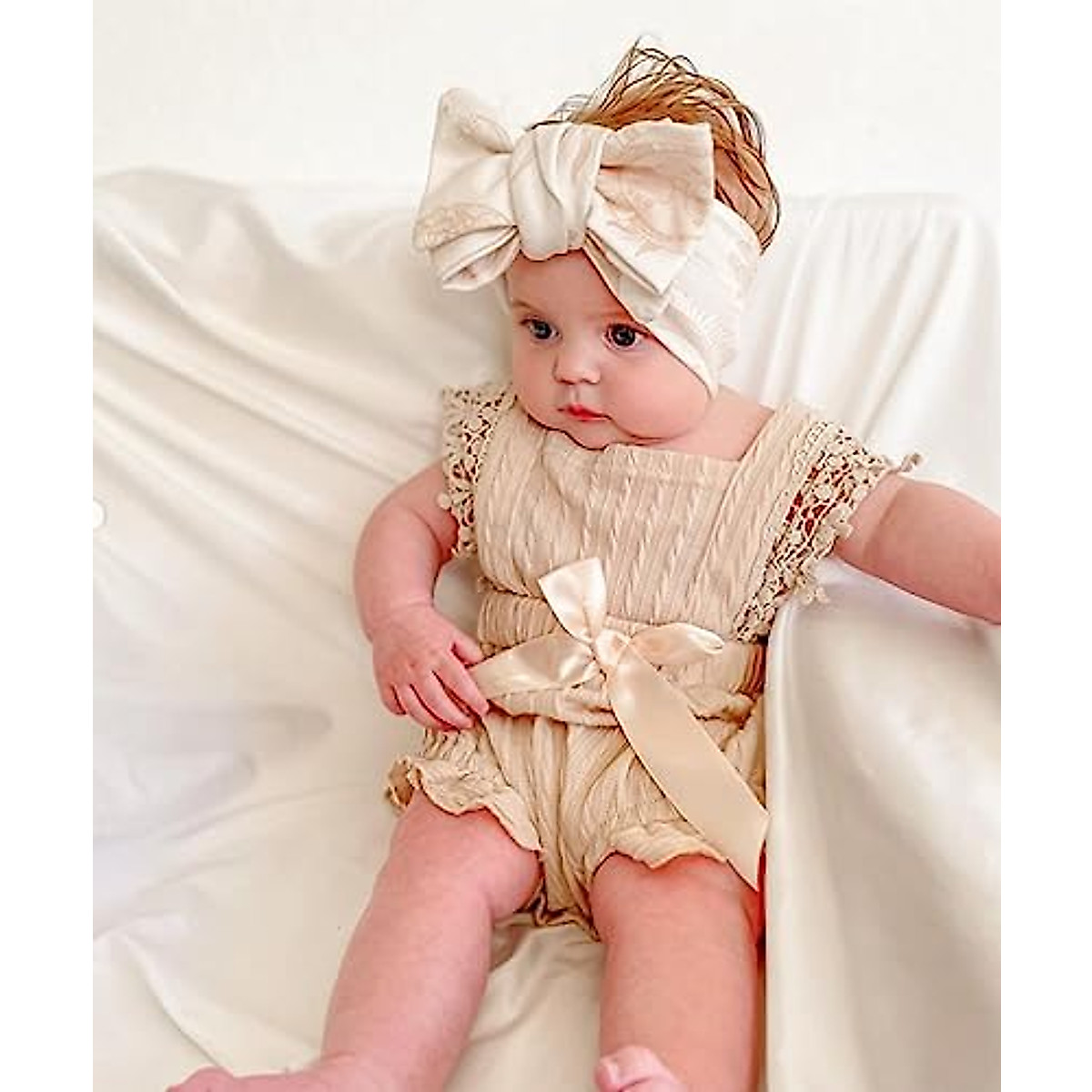 Douhoow Infant Baby Girl Plaid Romper Baby Short Sleeve Pleated Romper Bodysuit Summer Spring Outfits (Beige, 12-18 Months)