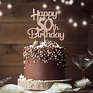 Sotpot Happy 50th Birthday Cake Topper Rose Gold Glitter 50th Cake Toppers 50 Birthday Cake Decorations Cheers to 50 Fabulous Party Cake Picks - 1 Pack