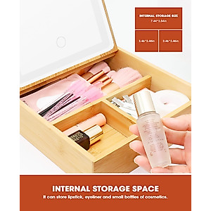 Onism Bamboo Makeup Organizer with LED Light Mirror, Cosmetic Organizer Storage for Store Cosmetics, Makeup Brushes, Jewelry, Hair Accessories, Perfect for Bathroom, Bedroom, Vanity